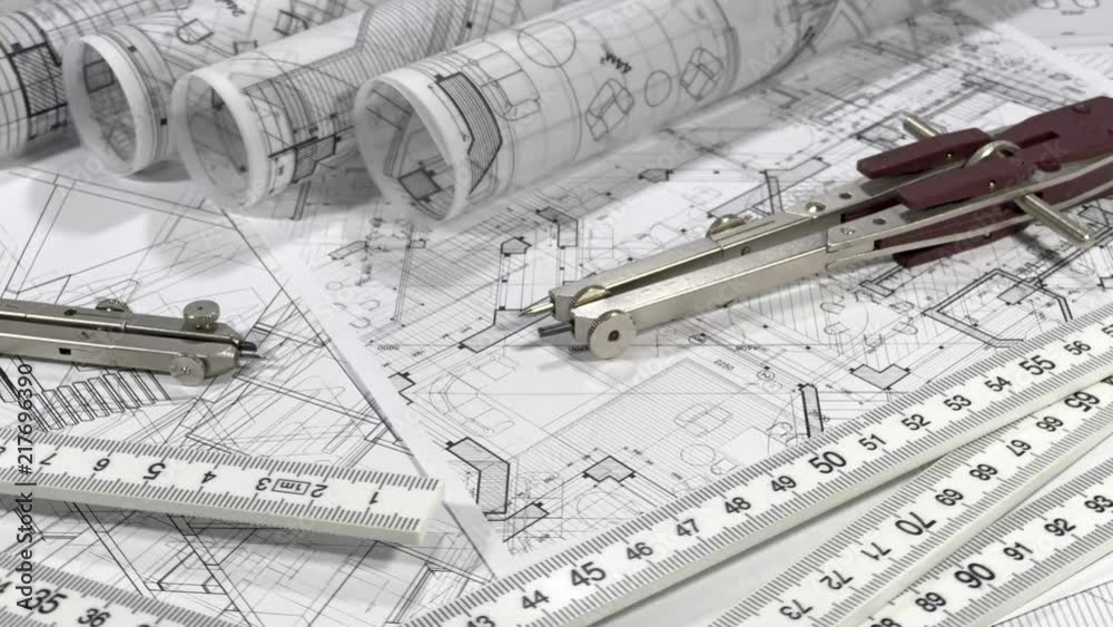 Blueprints - rolls of architectural drawings, yardstick - folding ruler ...