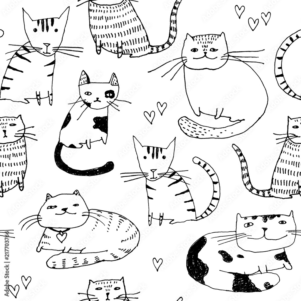 Seamless pattern. Wallpaper with fantasy cats cartoon animals on white ...