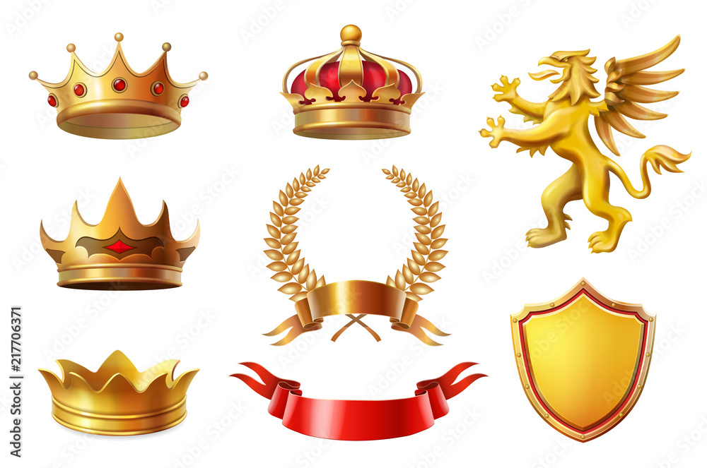 Royal golden king crowns set, laurel wreaths and ribbon Awards ...