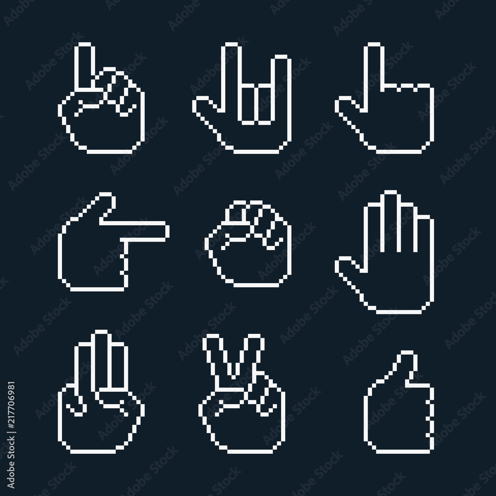 Pixel art vector black hands gestures cursors set. Stock Vector | Adobe ...