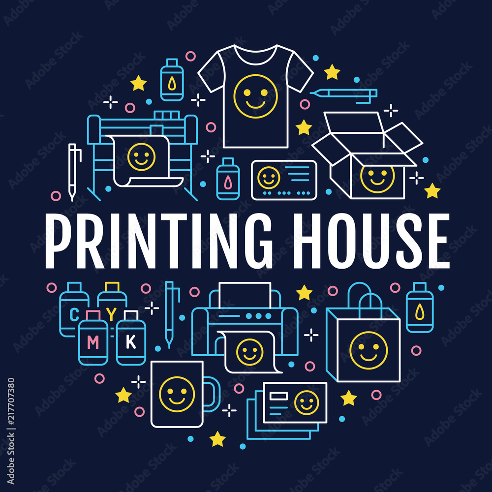 Printing house circle poster with flat line icons. Print shop equipment ...