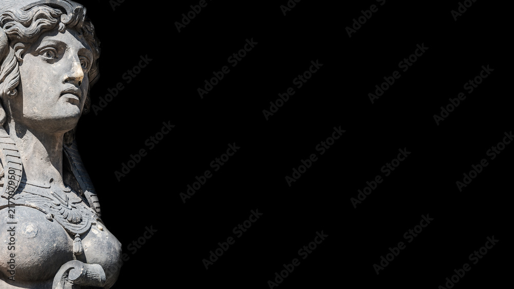 Face of beautiful sphinx isolated at black background with paste space ...