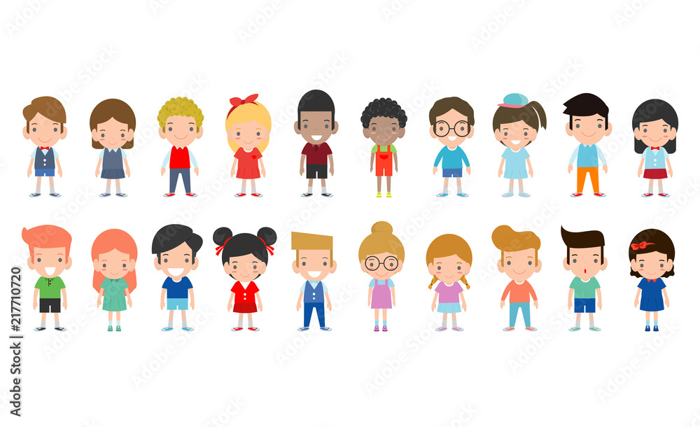 Happy kids cartoon collection. Multicultural children in different ...