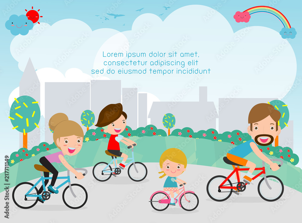 Happy family on bicycles. Healthy cycling with kids in park, Father ...