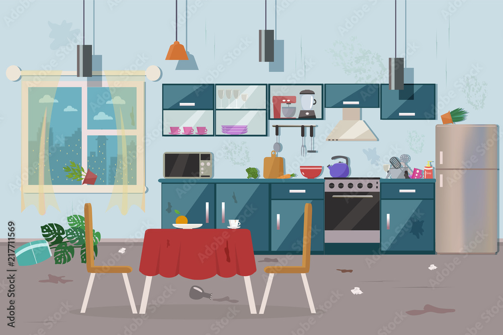 Dirty messy kitchen vector illustration. Stock Vector | Adobe Stock