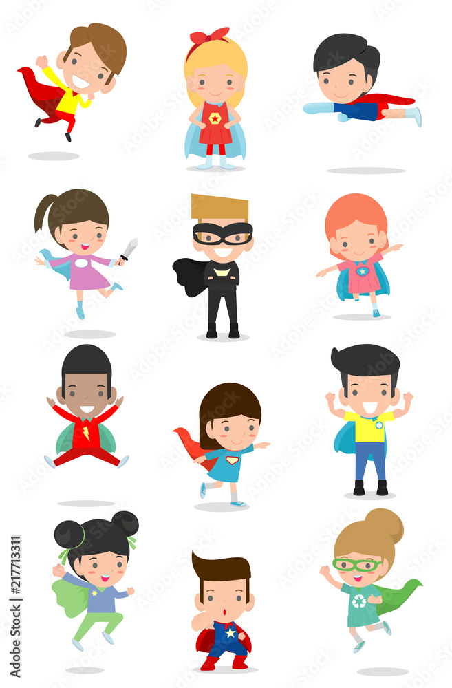Cartoon big set of Kid Superheroes wearing comics costumes,Kids With ...