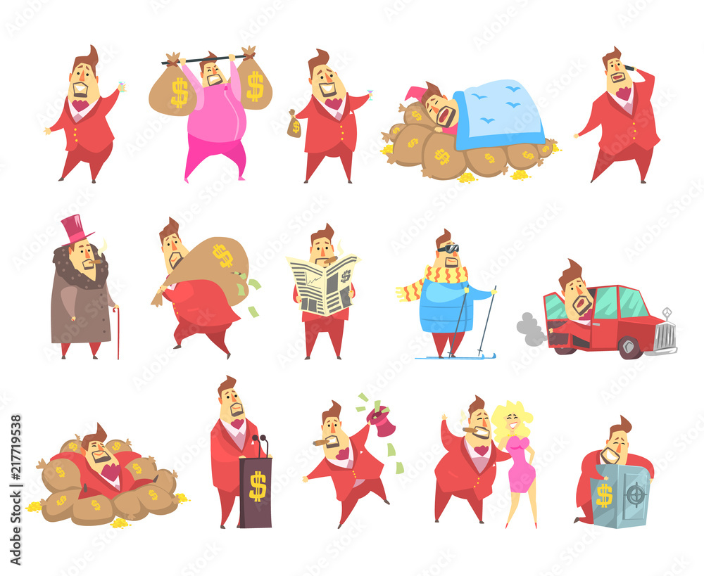 Fat rich millionaire men in red suit, funny capitalist character in ...