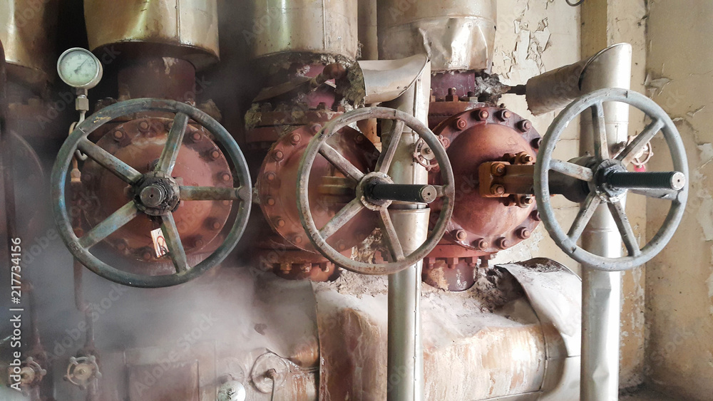 Big main valves steam line in power boiler plant Stock Photo | Adobe Stock