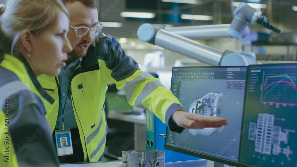 At the Factory: Male Mechanical Engineer and Female Chief Engineer Work ...