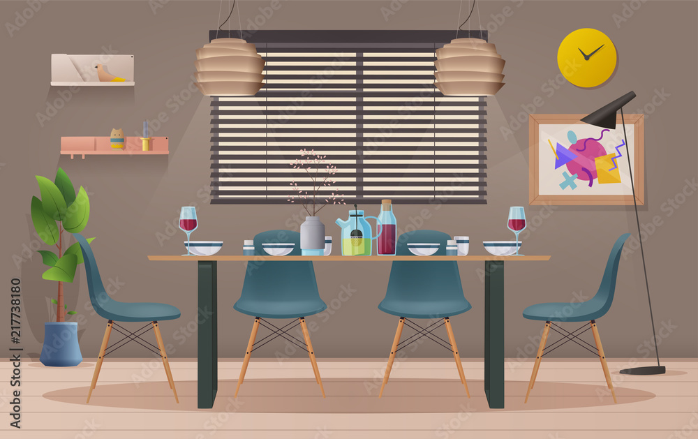 Dinning room interior with furniture. Cartoon vector illustration Stock ...