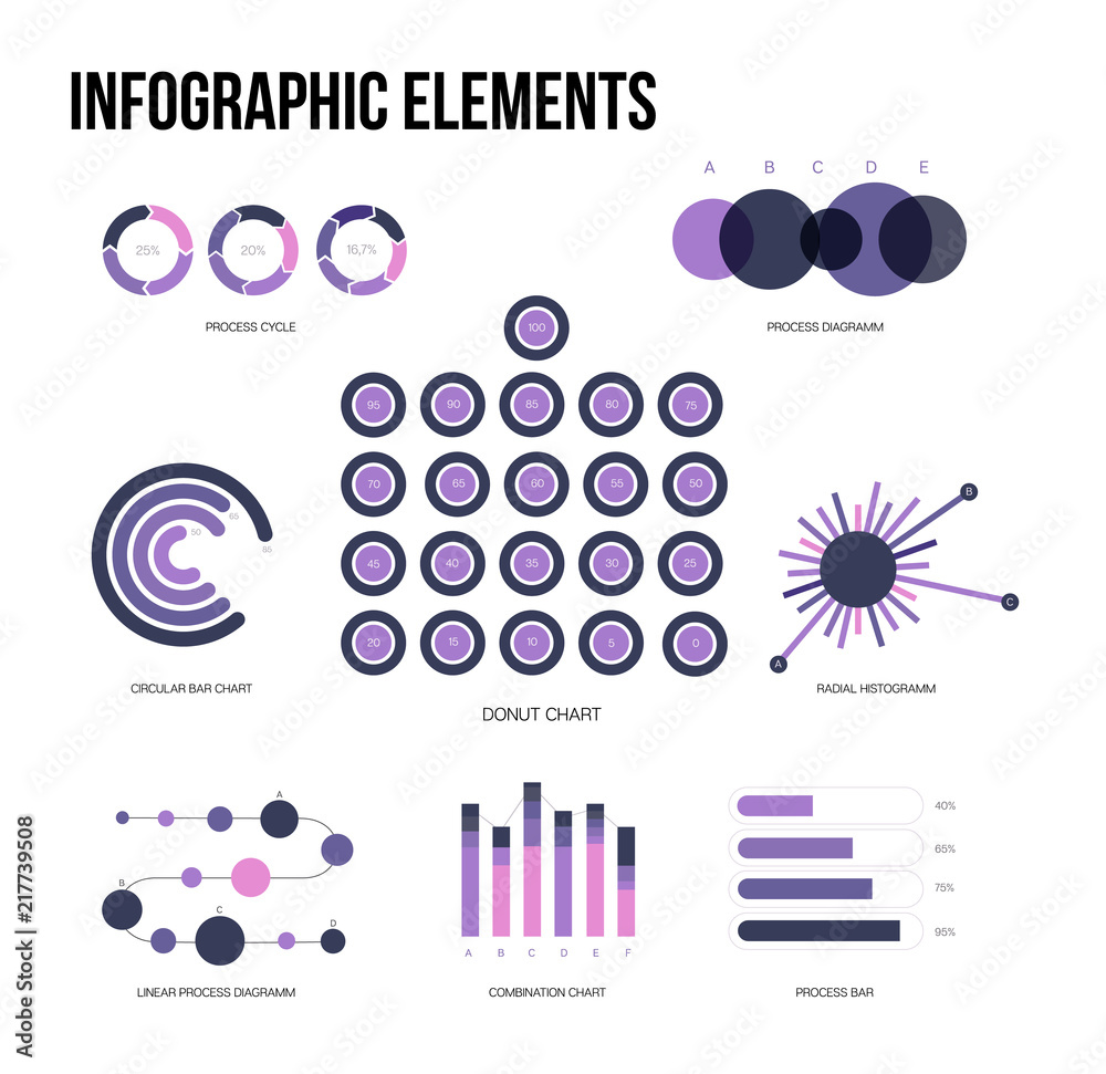 Infographic Elements, Timeline Presentation Vector Set. Pink, Purple ...