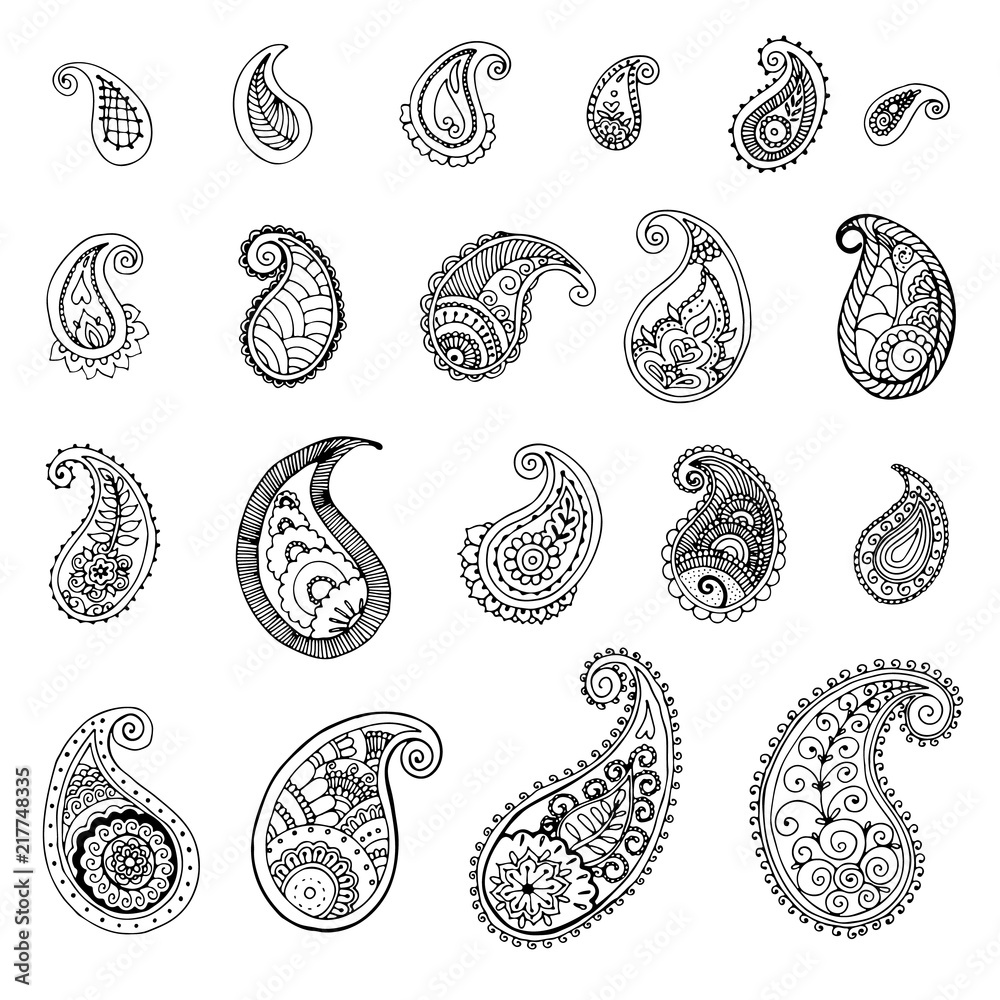 set of stylized flower doodle paisley elements Stock Vector | Adobe Stock