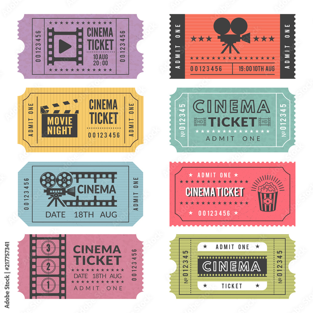 Template of cinema tickets. Vector designs of various cinema tickets ...