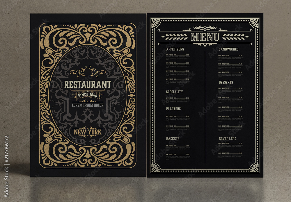 Vintage Restaurant Menu Layout with Ornaments Stock Template | Adobe Stock