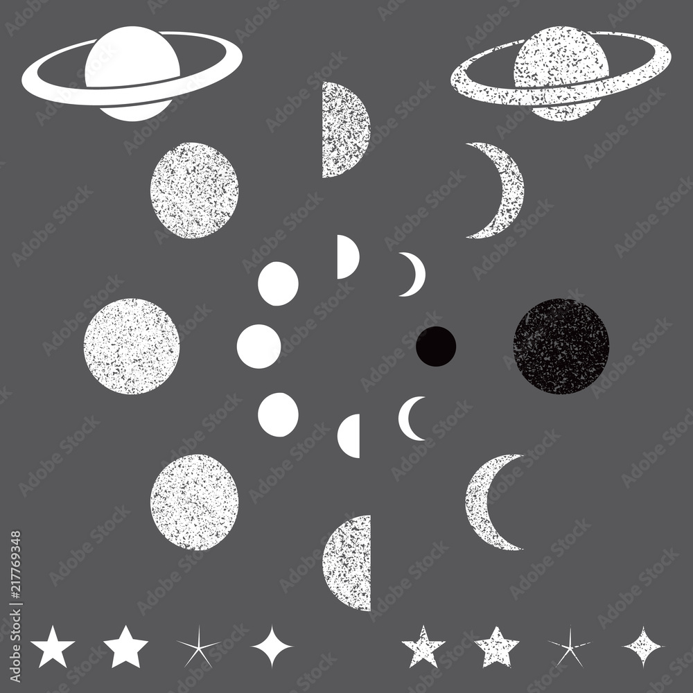 Vintage Vector Distressed Moons Phases, Stars, and Ringed Planet Icon ...