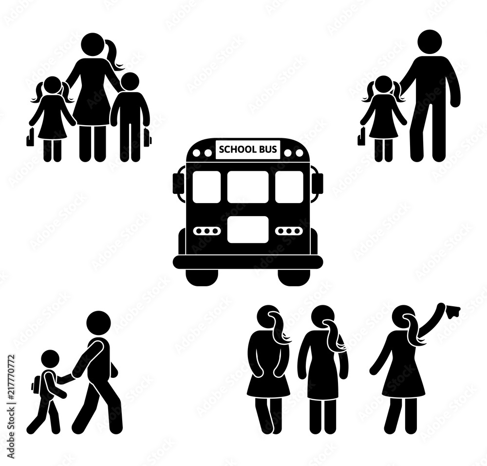 Parents and children before going to school stick figure. Bus, student ...