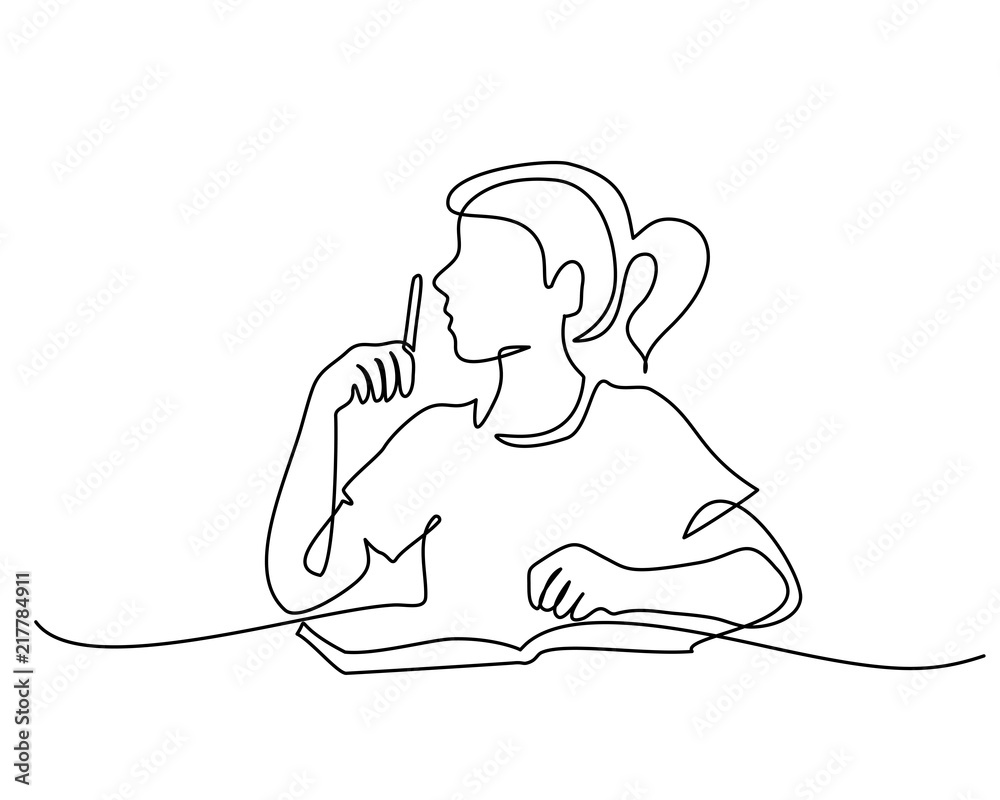 Continuous one line drawing. Schoolgirl sitting and writing with pencil ...