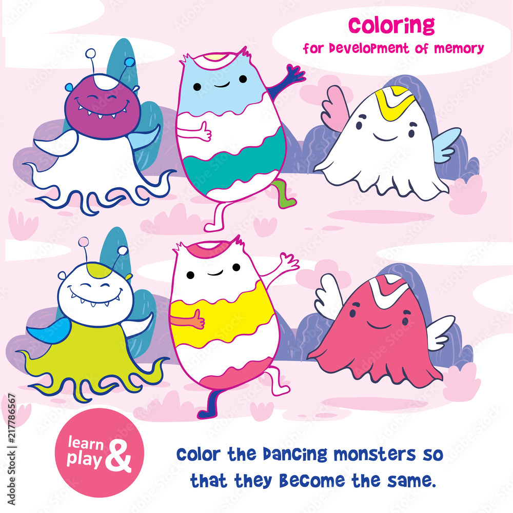 Coloring exercise for development memory. Paint dancing monsters with ...