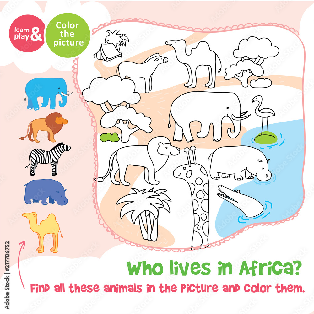 Coloring game amimals in Africa zebra camel crocodile hippo lion ...