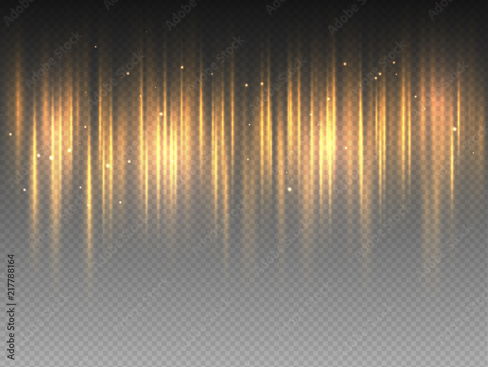 Vertical golden yellow radiance glow pulsing rays on transparent ...
