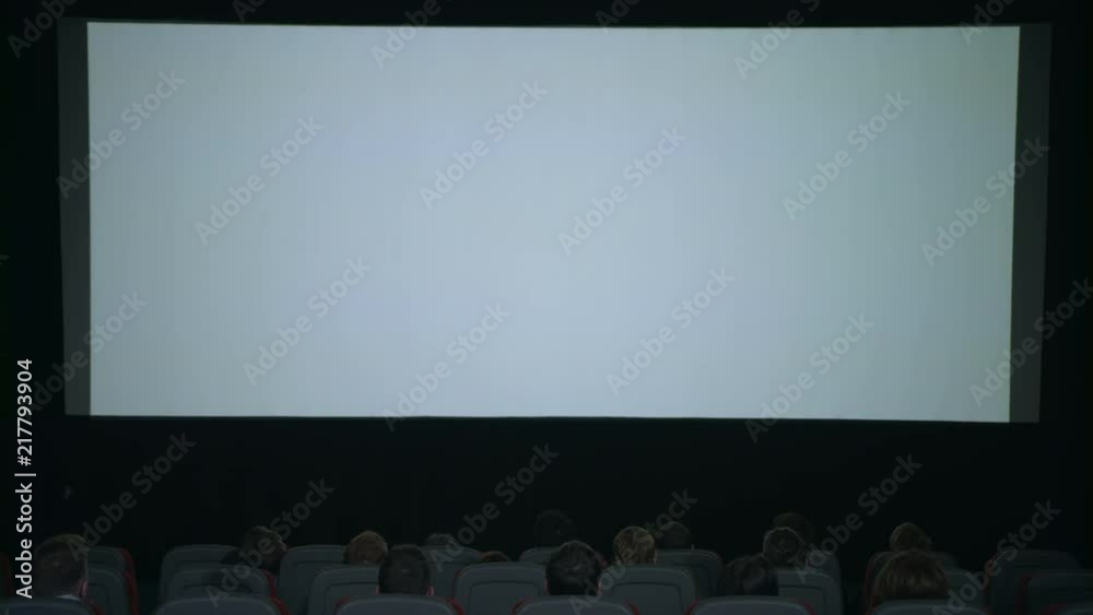 Large white screen in cinema. Audience in cinema hall looking at white ...