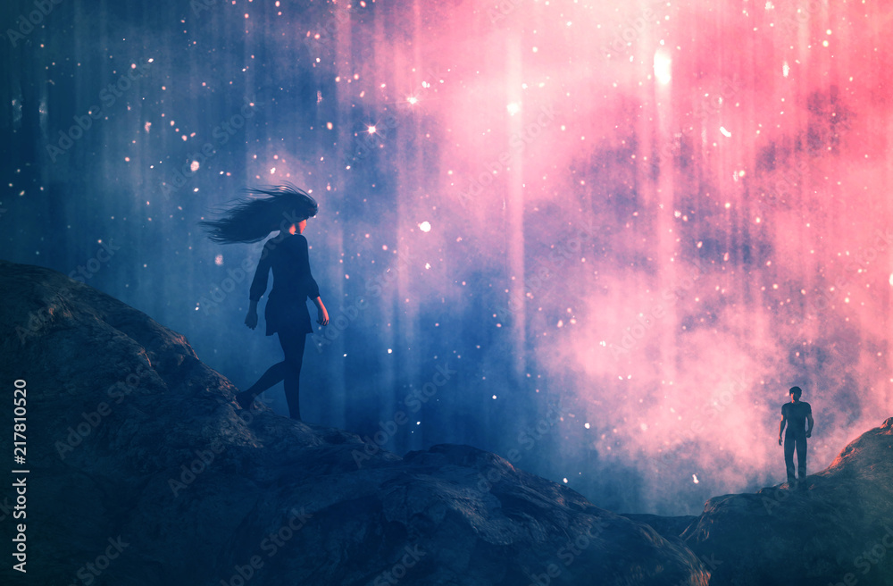 Walk of love,Couple walking to each other,3d illustration conceptual ...