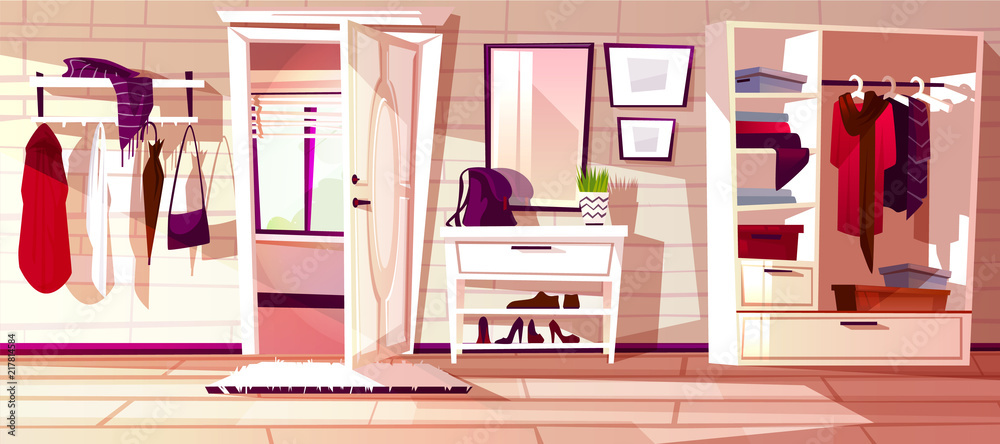 Vector cartoon hallway with open white door. Interior background of ...