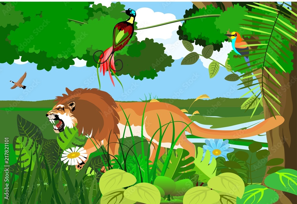Growling lion walking in jungle vector illustration Stock Vector ...