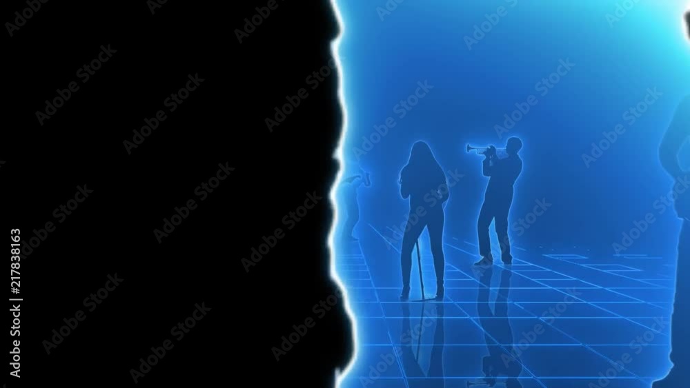 Computer generated animation of a neon grid with musician people ...