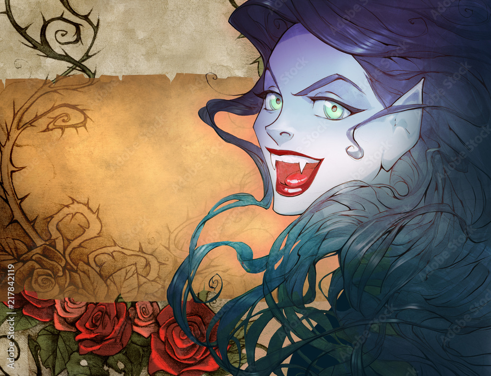 Cartoon anime Halloween illustration of a beautiful charming vampire ...