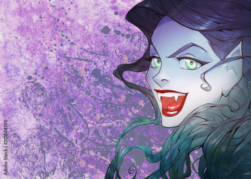 Cartoon anime Halloween illustration of a beautiful charming vampire ...