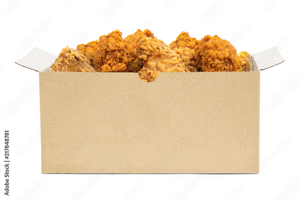 Fried chicken in cardboard box isolated on white background. Bucket of ...