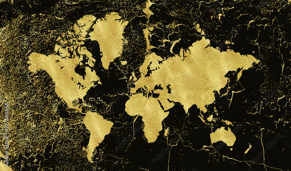 Vintage gold map on black background. Wear texture, grunge, gold patina ...