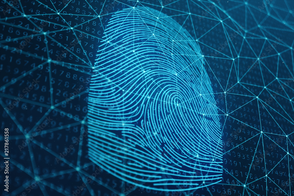 3D illustration Fingerprint scan provides security access with ...