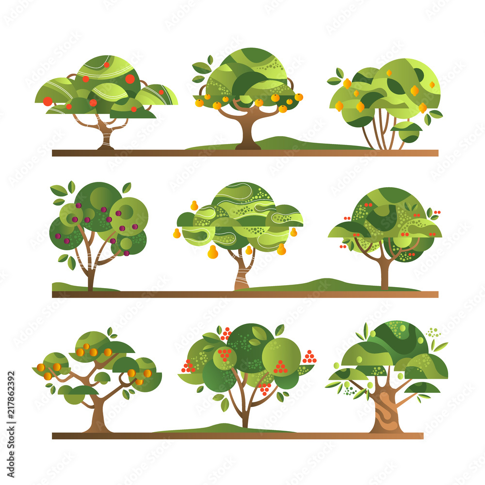 Different fruit trees set, apple, orange, lemon, pear, rowan, apricot ...