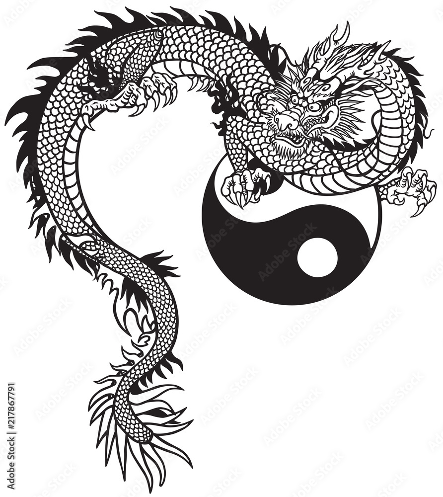 Eastern dragon and Yin Yang symbol. Black and white tattoo vector ...