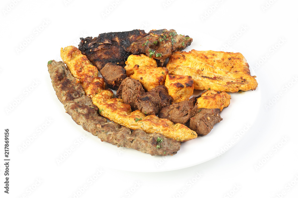 Mixed charcoal grilled platter chicken beef mutton goat meat shish ...