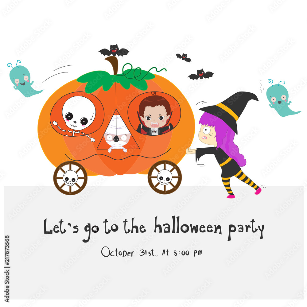 Funny halloween party invitation card for holiday. Witch, vampire ...
