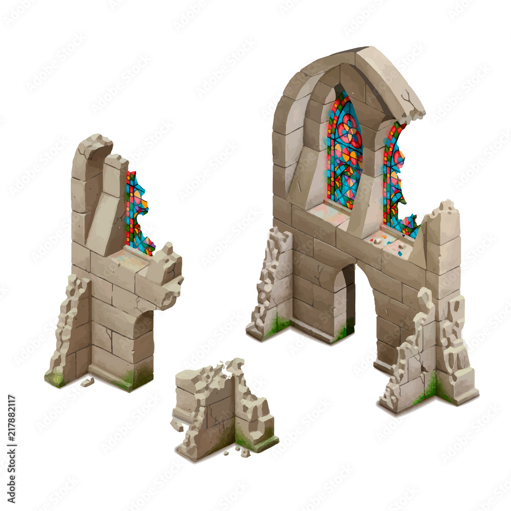 Bright cartoon gothic arch with stained-glass window, gameobject on ...