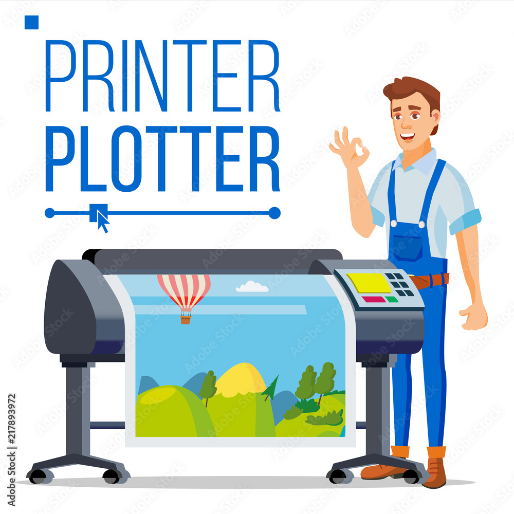 Worker With Plotter Vector. Man. Prints Beautiful Picture, Banner ...