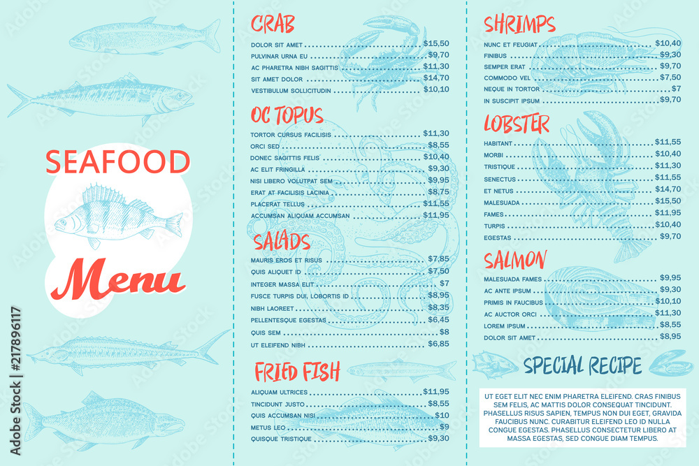 Seafood menu and a banner for the restaurant. Vintage flyer. Fish crab ...