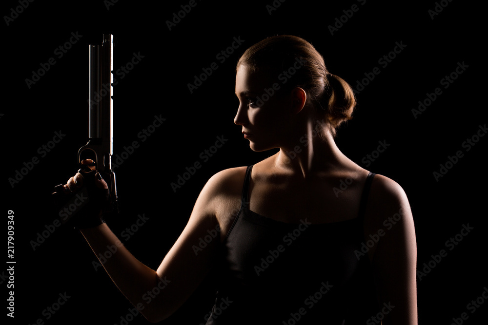 Pistol shooting on black background. Sportsman with a gun. Sport pistol ...