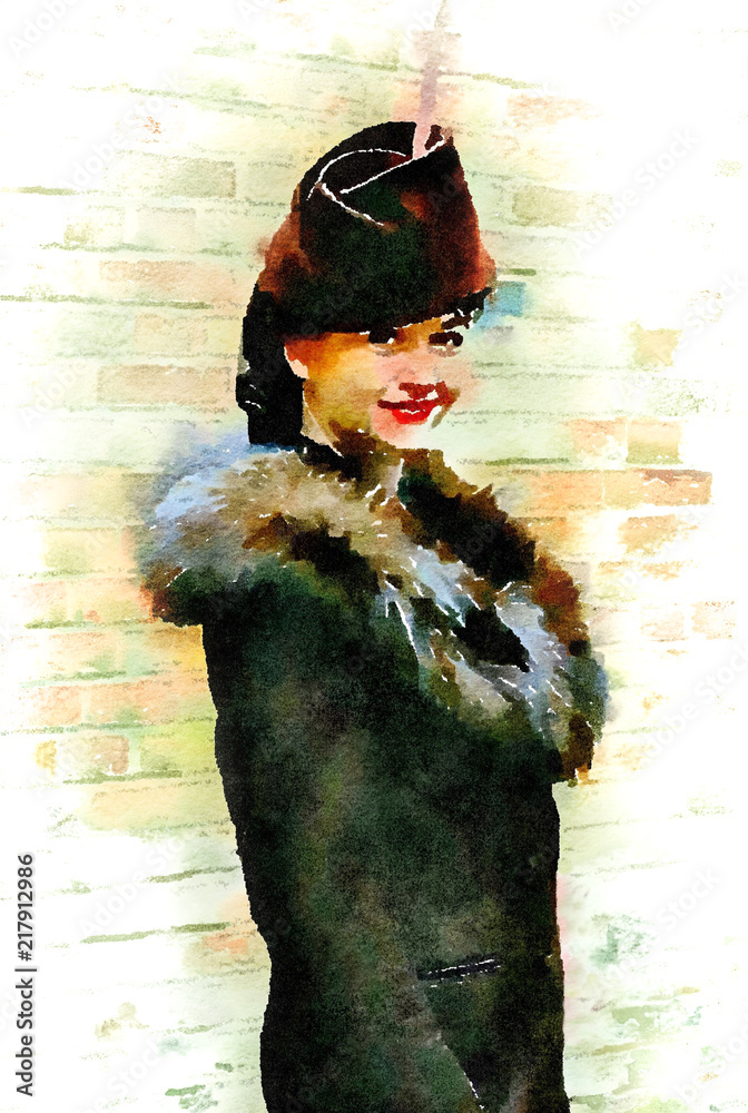 Watercolour painting of attractive woman in 1940s fashion. Portrait ...