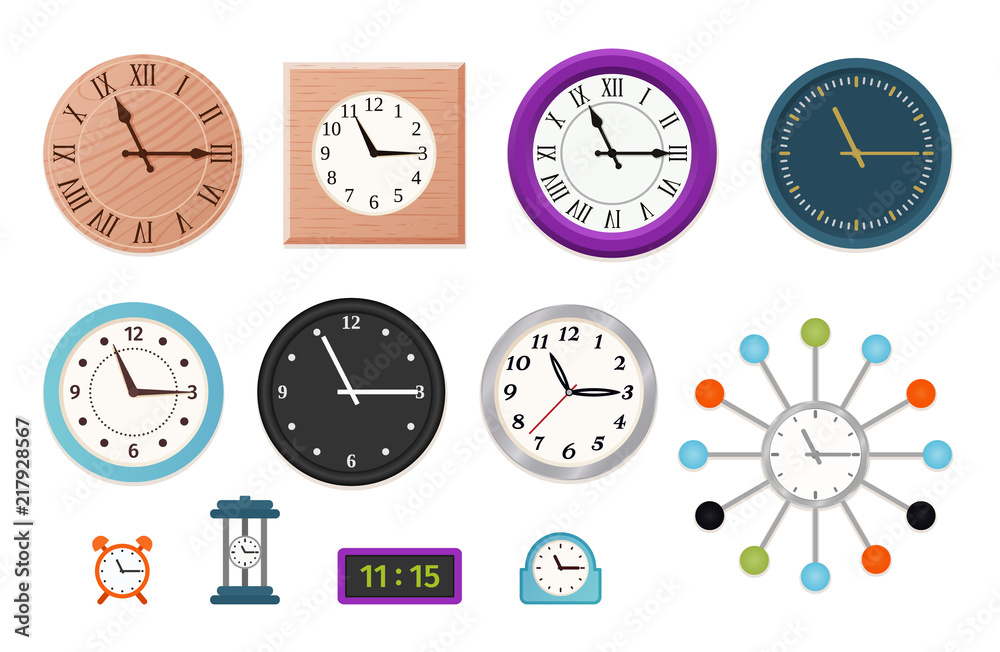 Wall clock. Vector. Set wall, table and alarm clocks isolated on white ...
