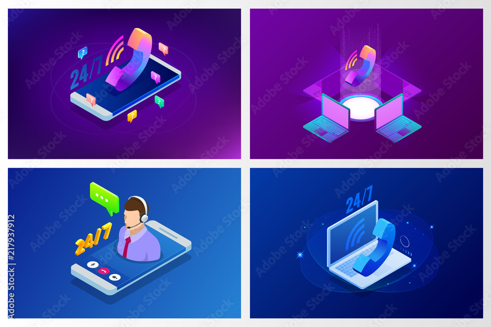 Web page design templates for call center support 24-7. Isometric 24 ...
