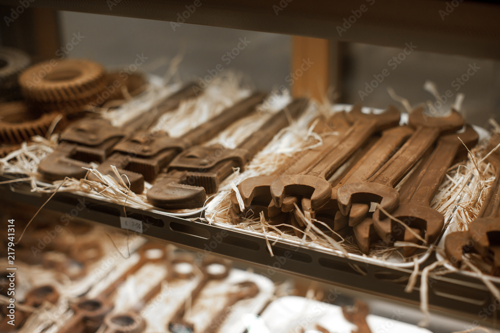 Chocolate bars with shape of workshop tools. Assorted chocolate candy ...