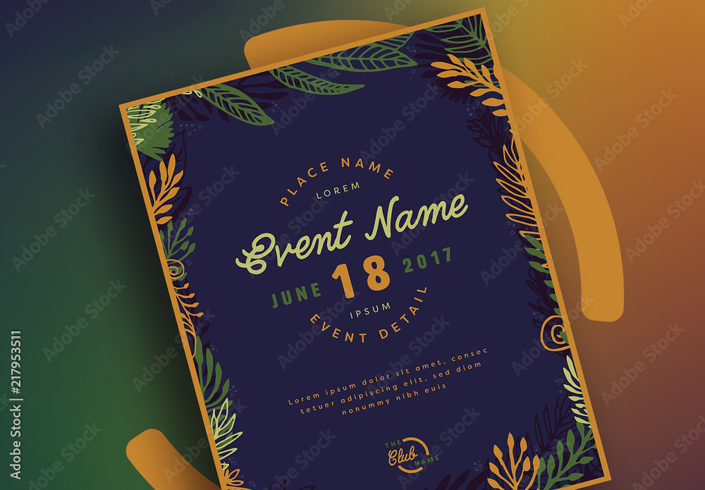 Event Flyer Layout with Dark Floral Elements Stock Template | Adobe Stock