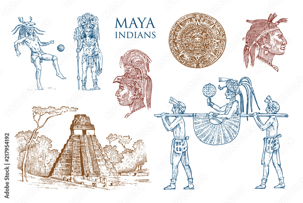 Maya Vintage pyramid, portrait of a man, traditional costume, calendar ...