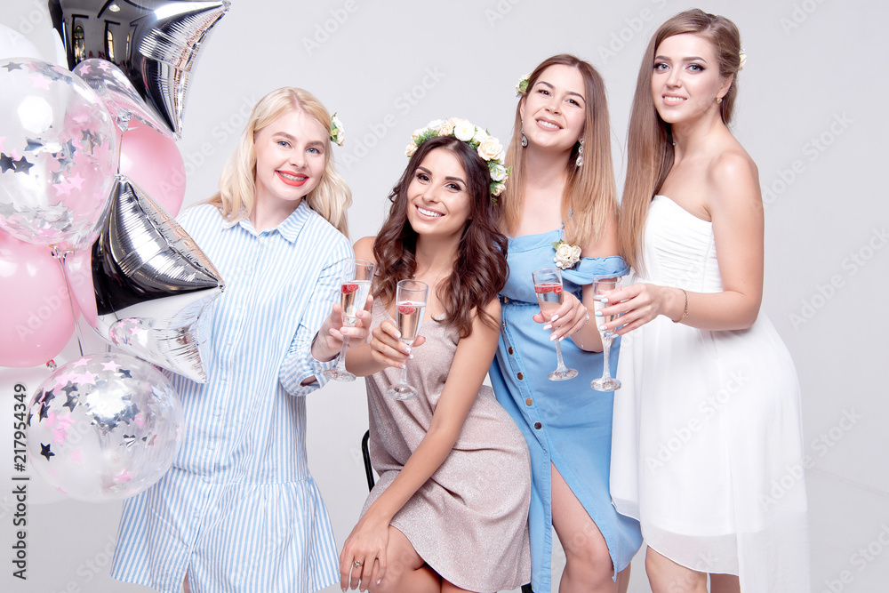 Smiling girlfriends having fun celebrating bachelorette party. Stock ...