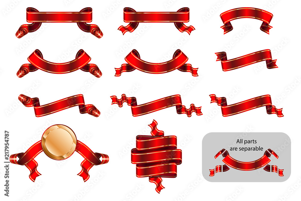 Ribbons and banners set with copy space in shape bending, wave, arc ...